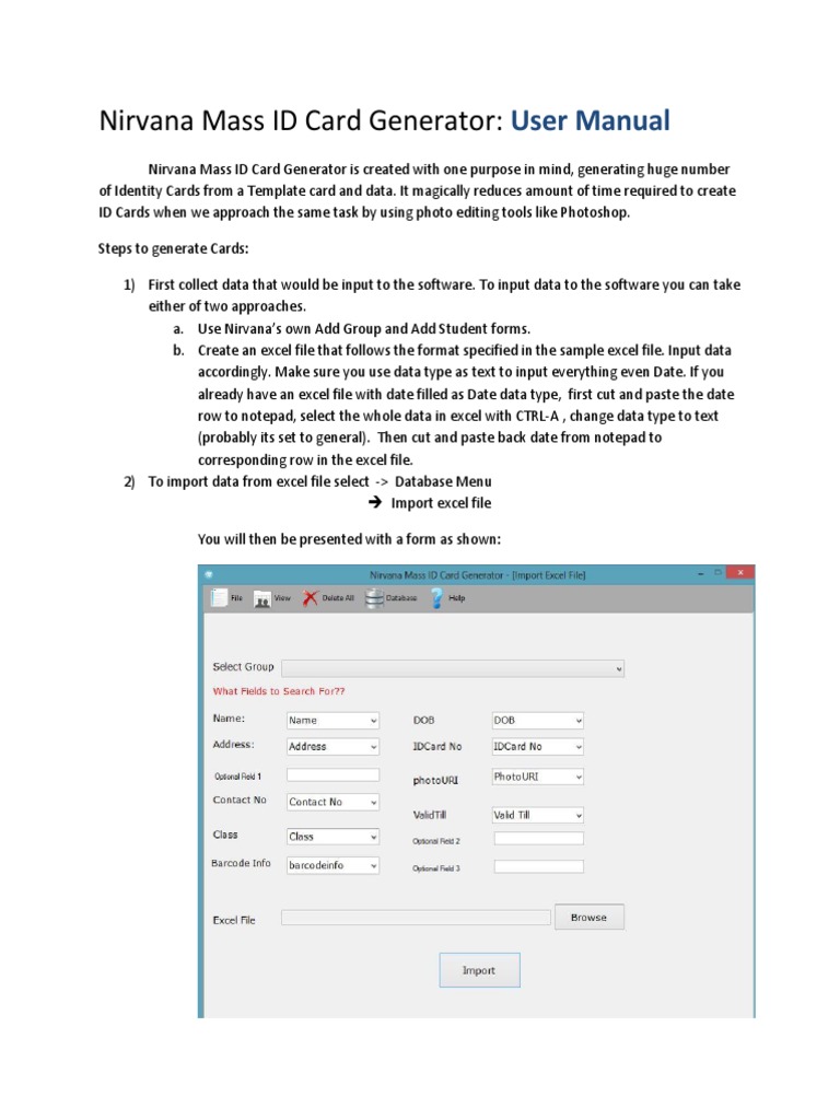 Nirvana Mass ID Card Generator - Usermanual | PDF | Microsoft Excel ...