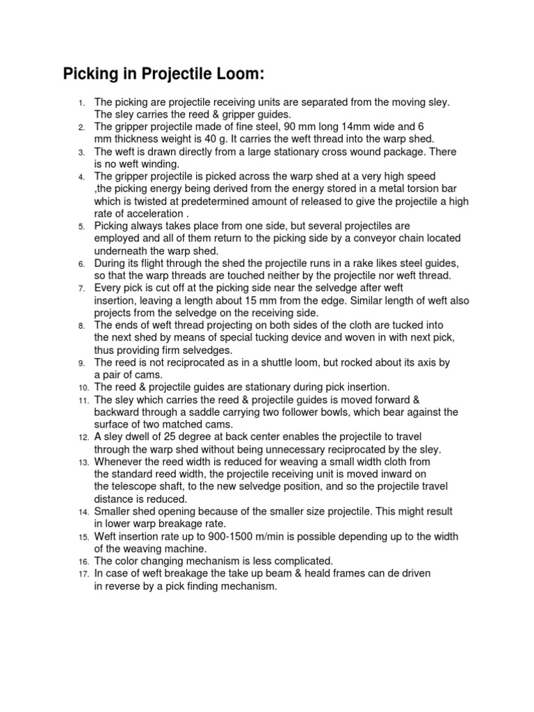 Picking in Projectile Loom | PDF | Loom | Weaving