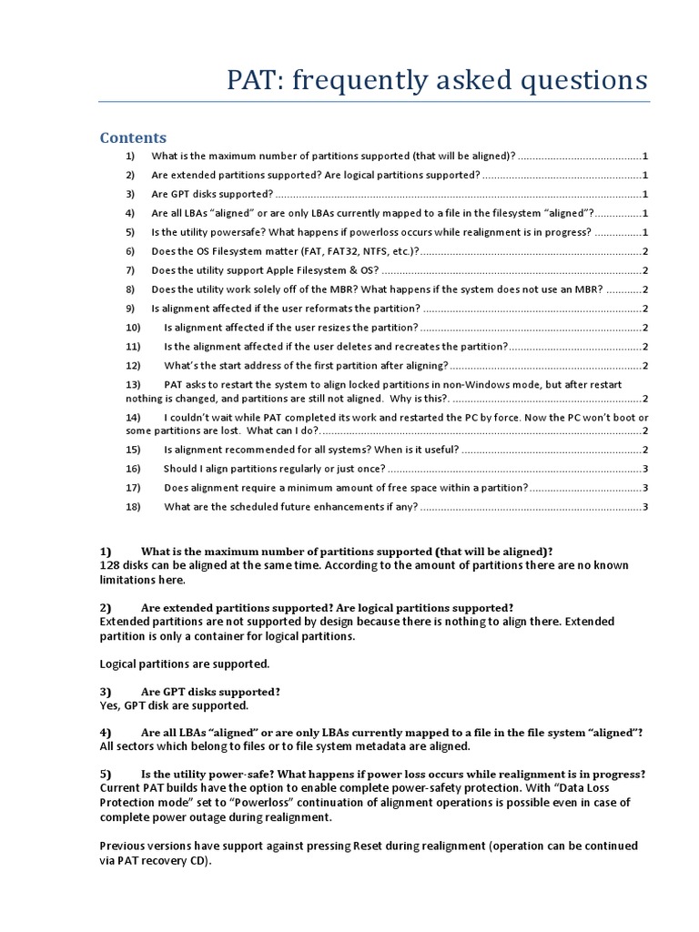PAT Partition Alignment FAQs | PDF