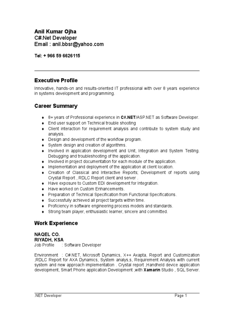 Anil Kumar Ojha's Resume: A Profile of a C#.NET Developer with Over 10 Years of Experience | PDF ...