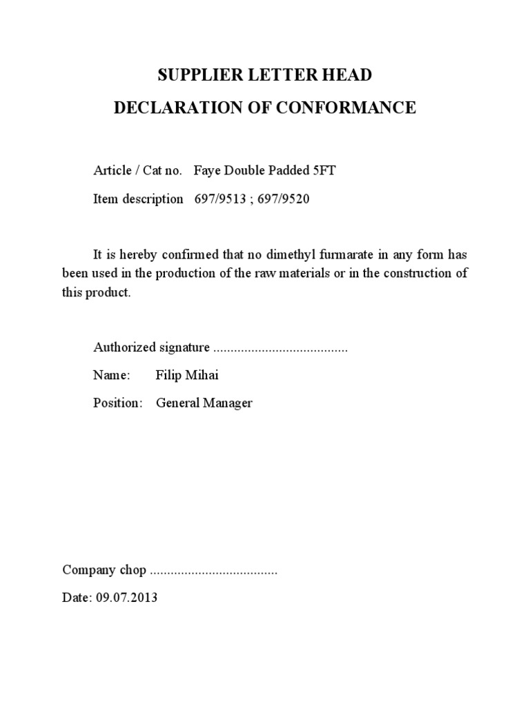 Supplier Letter Head Declaration of Conformance | PDF | Business ...