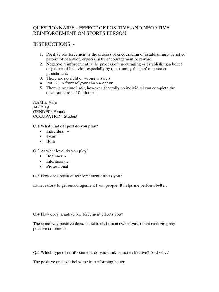 Questionnaire - Effect of Positive and Negative Reinforcement On Sports ...