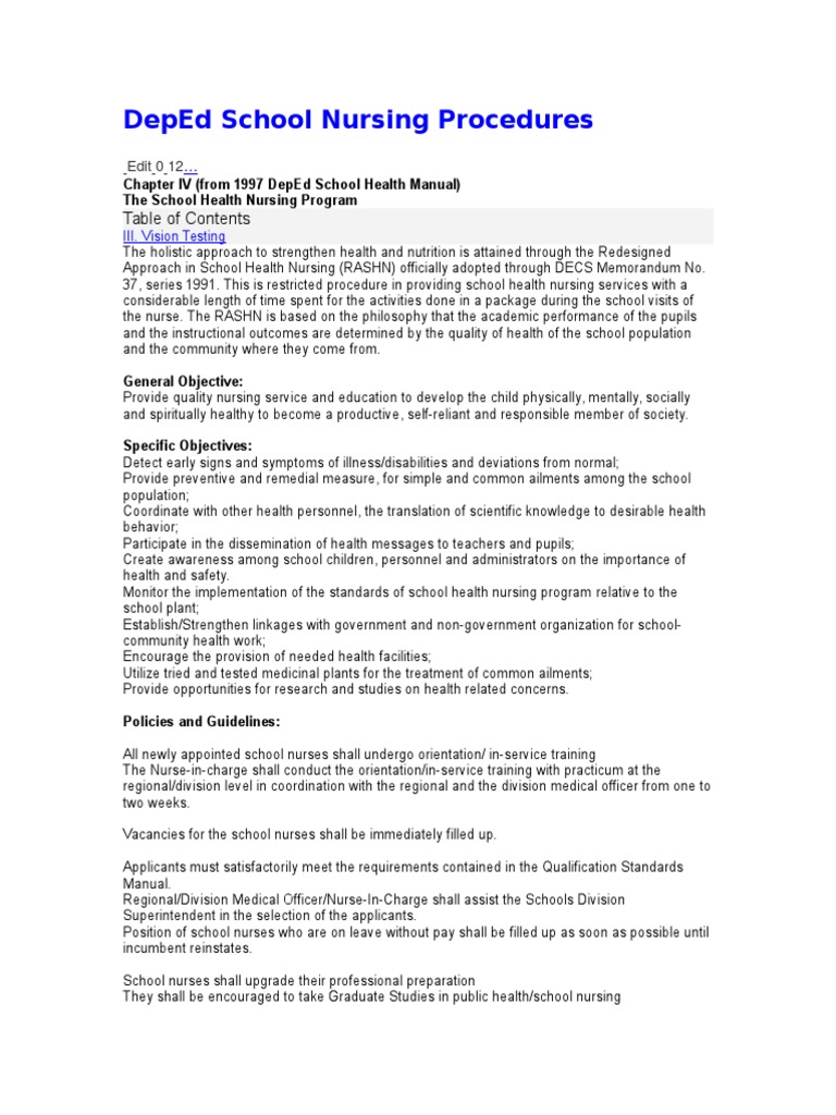 DepEd School Nursing Procedures Guide | PDF | Nursing | Health Sciences