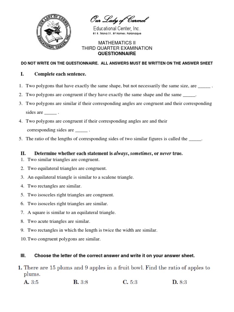 3rd Quarter Exam Geometry 2012 | PDF | Triangle | Shape