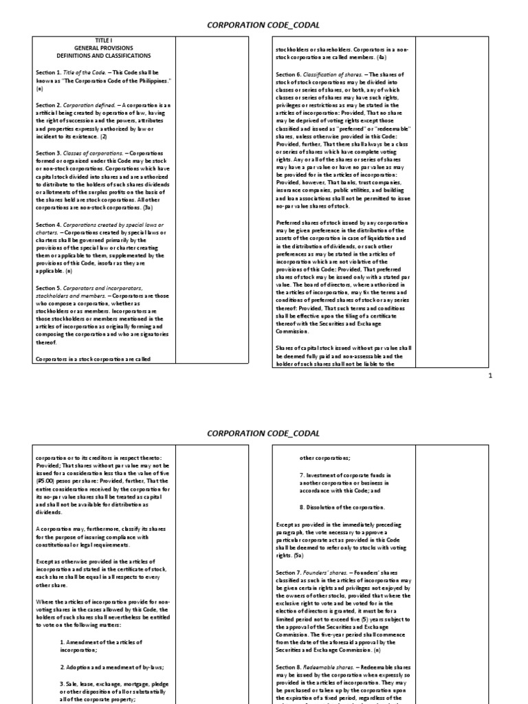Corporation Code Codal | PDF | Corporations | Preferred Stock