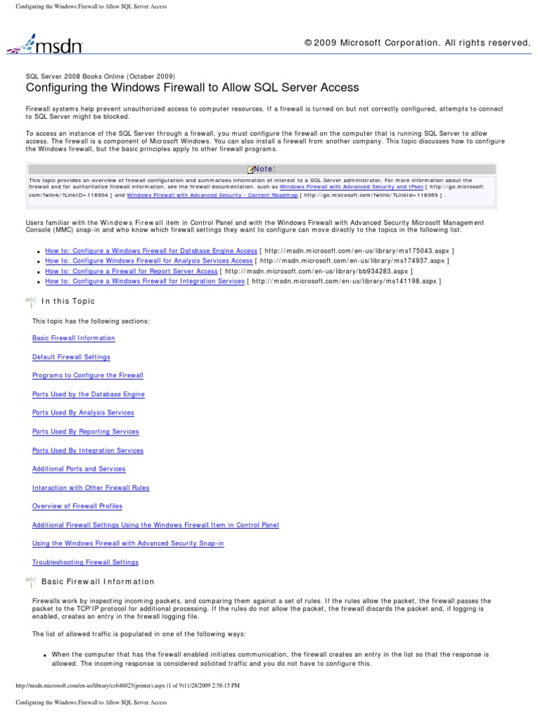 Configuring The Windows Firewall To Allow Sql Server Access Pdf Port Computer Networking