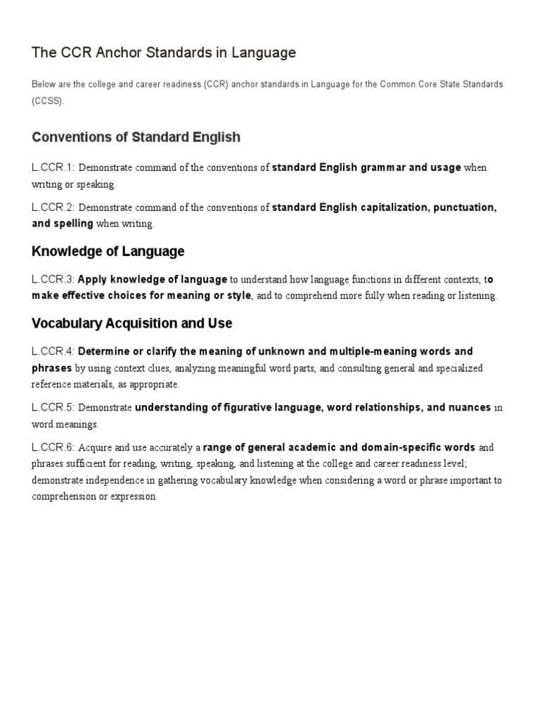 The CCR Anchor Standards in Language: Conventions of Standard English | PDF
