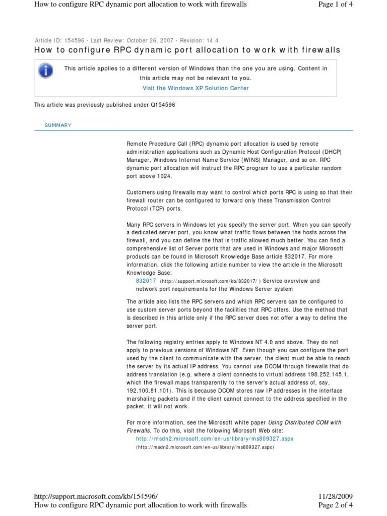 How To Configure RPC Dynamic Port Allocation To Work With Firewalls (KB154596) | PDF | Port ...