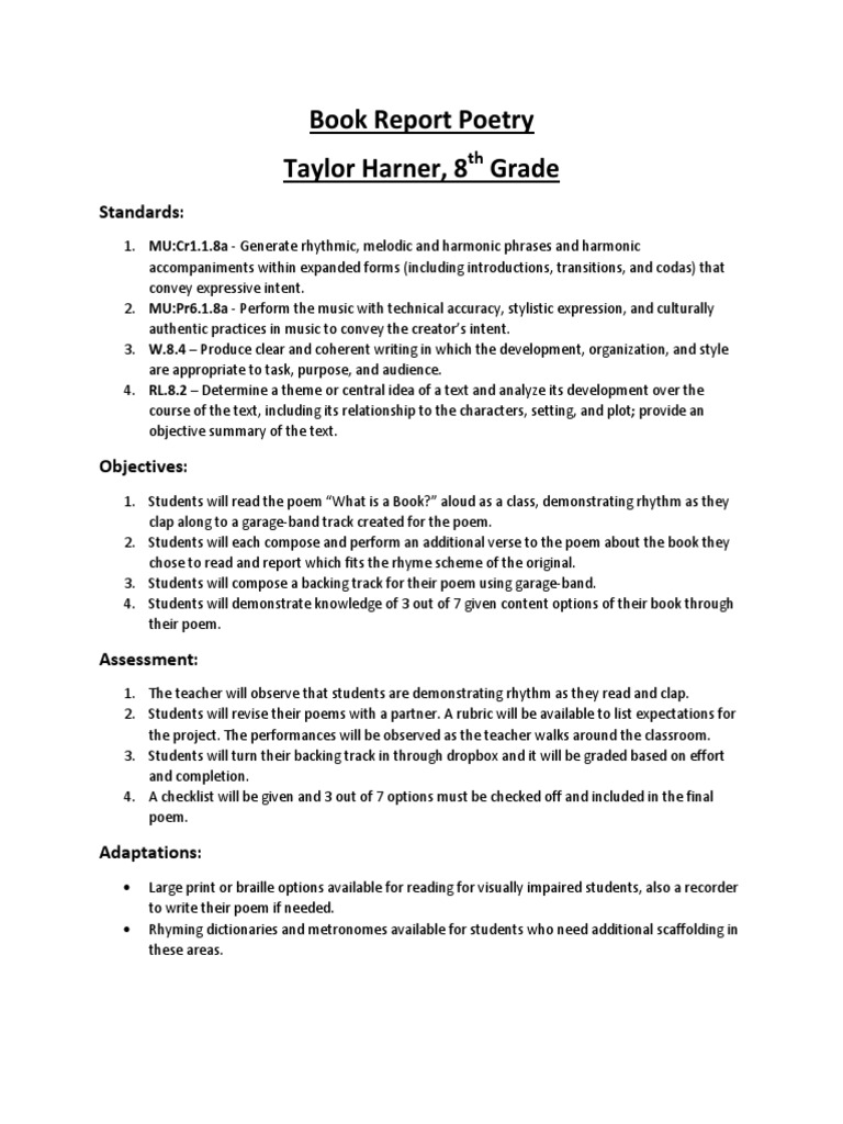 Creative Book Report Poetry Project | PDF | Poetry | Garage Band