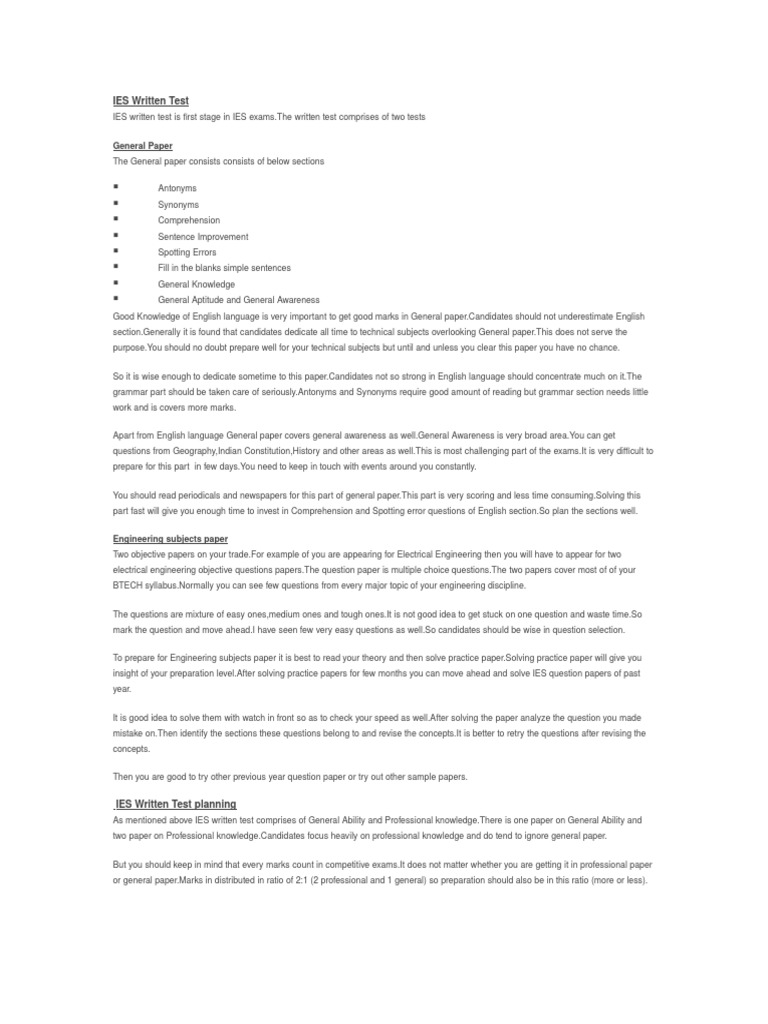 IES Written Test | PDF | Test (Assessment) | Cognition