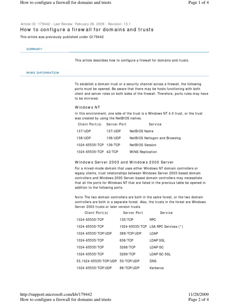 How To Configure A Firewall For Domains And Trusts Kb179442 Pdf Port Computer Networking