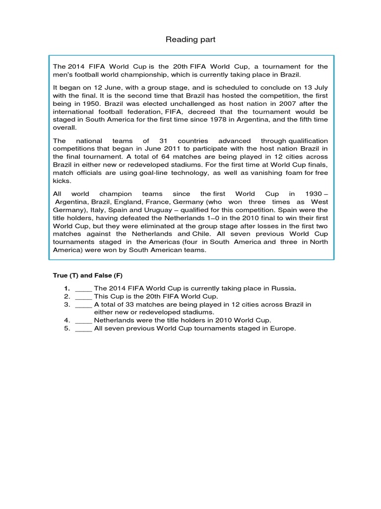Reading Part: True (T) and False (F) 1. | PDF