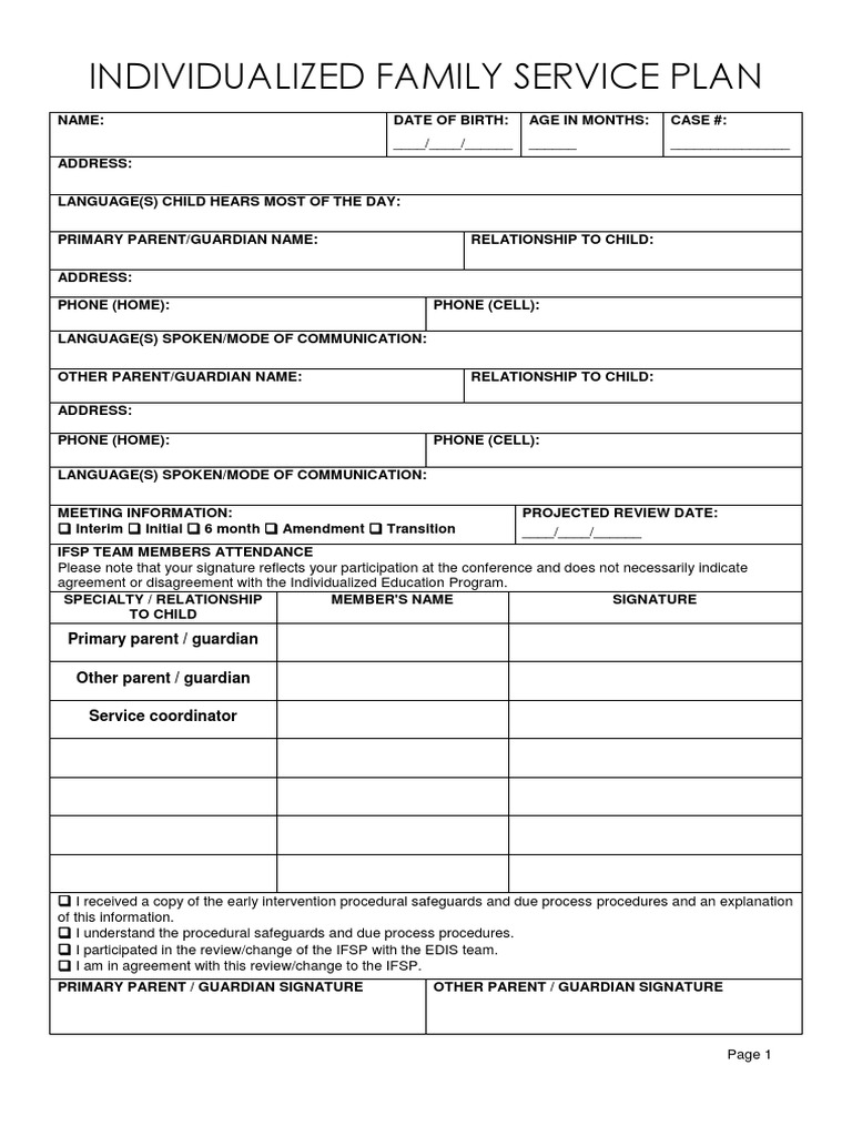 Individualized Family Service Plan: Primary Parent / Guardian Other ...