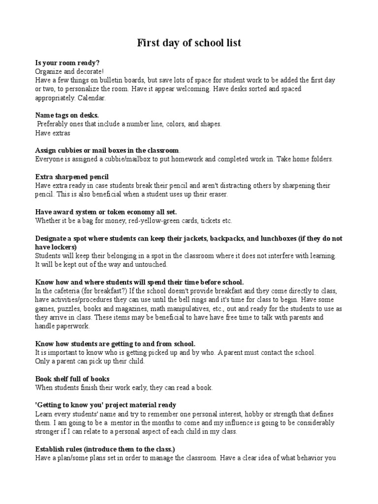 First Day of School List | PDF | Classroom | Teaching And Learning