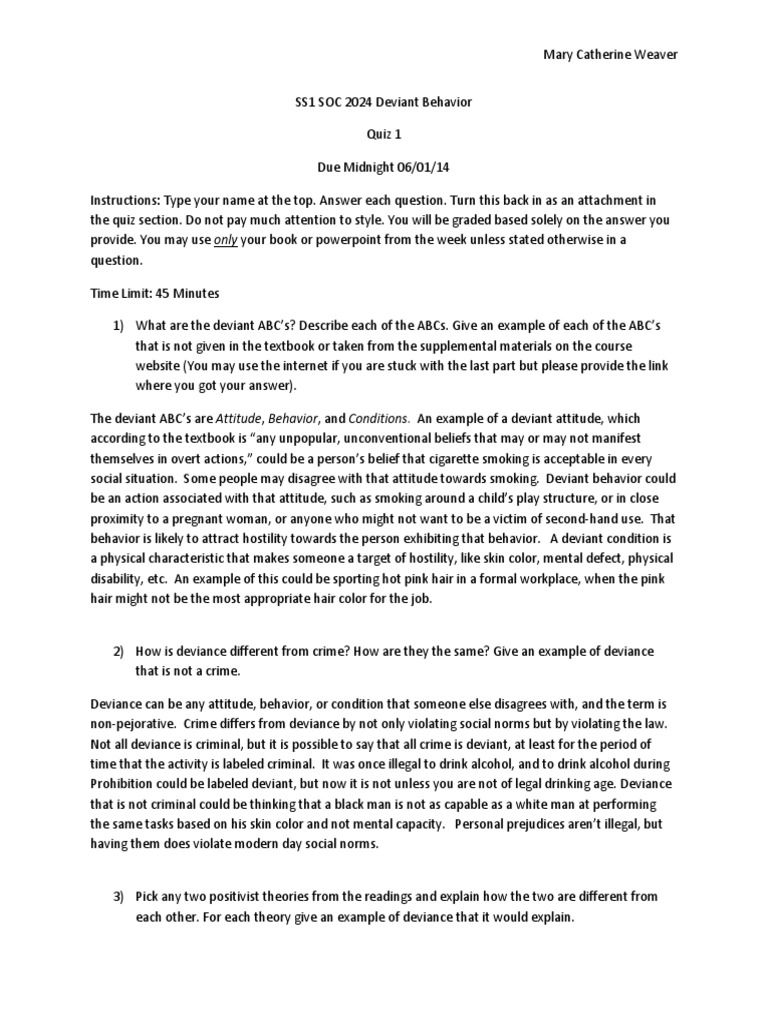 Deviant Behavior Quiz 1 | PDF | Deviance (Sociology) | Norm (Social)