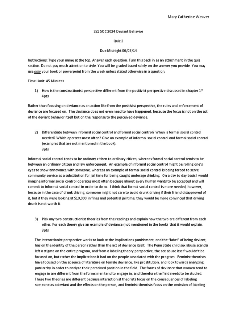 Deviant Behavior Quiz Insights and Analysis | PDF | Deviance (Sociology ...
