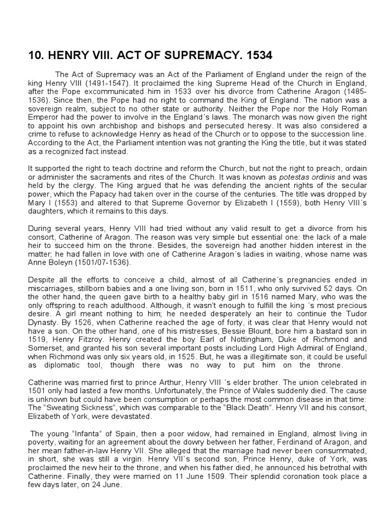 Henry VIII Act of Supremacy 1534 by Caroline Barrio | PDF | Henry Viii ...