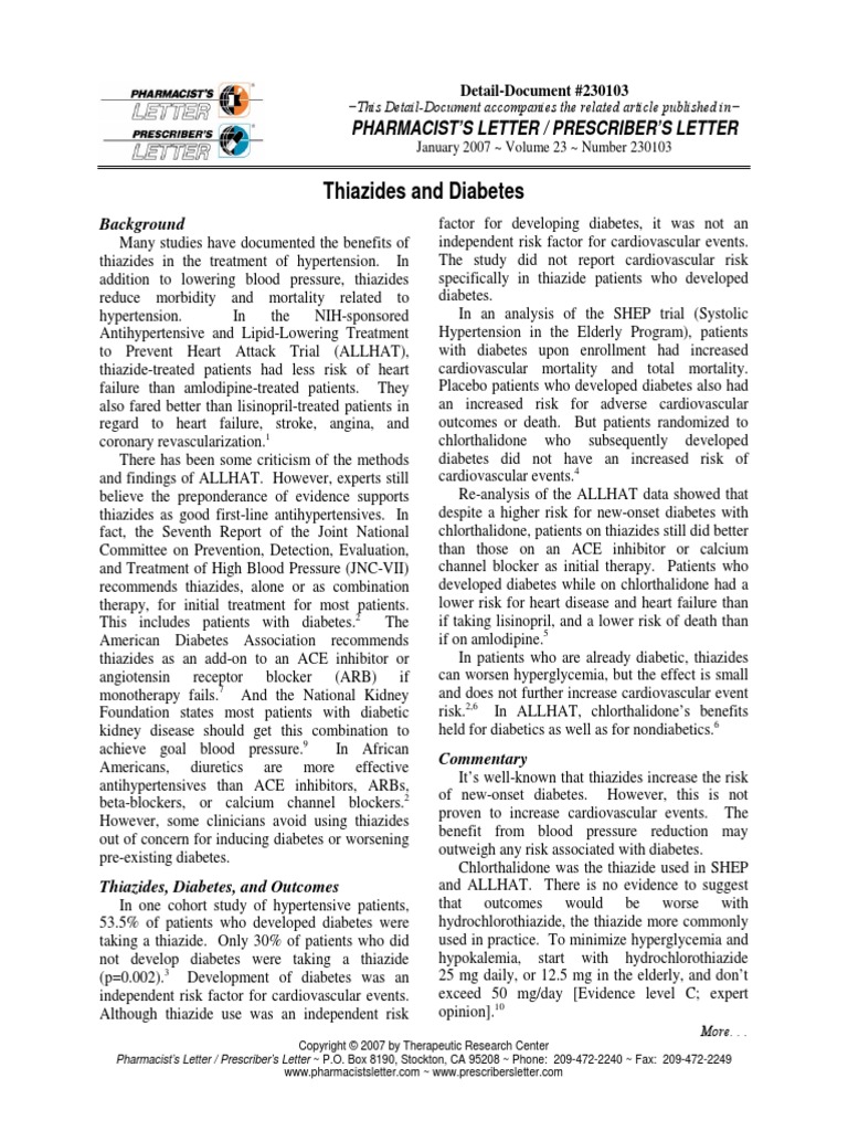 Thiazides and Diabetes: Pharmacist'S Letter / Prescriber'S Letter | PDF ...