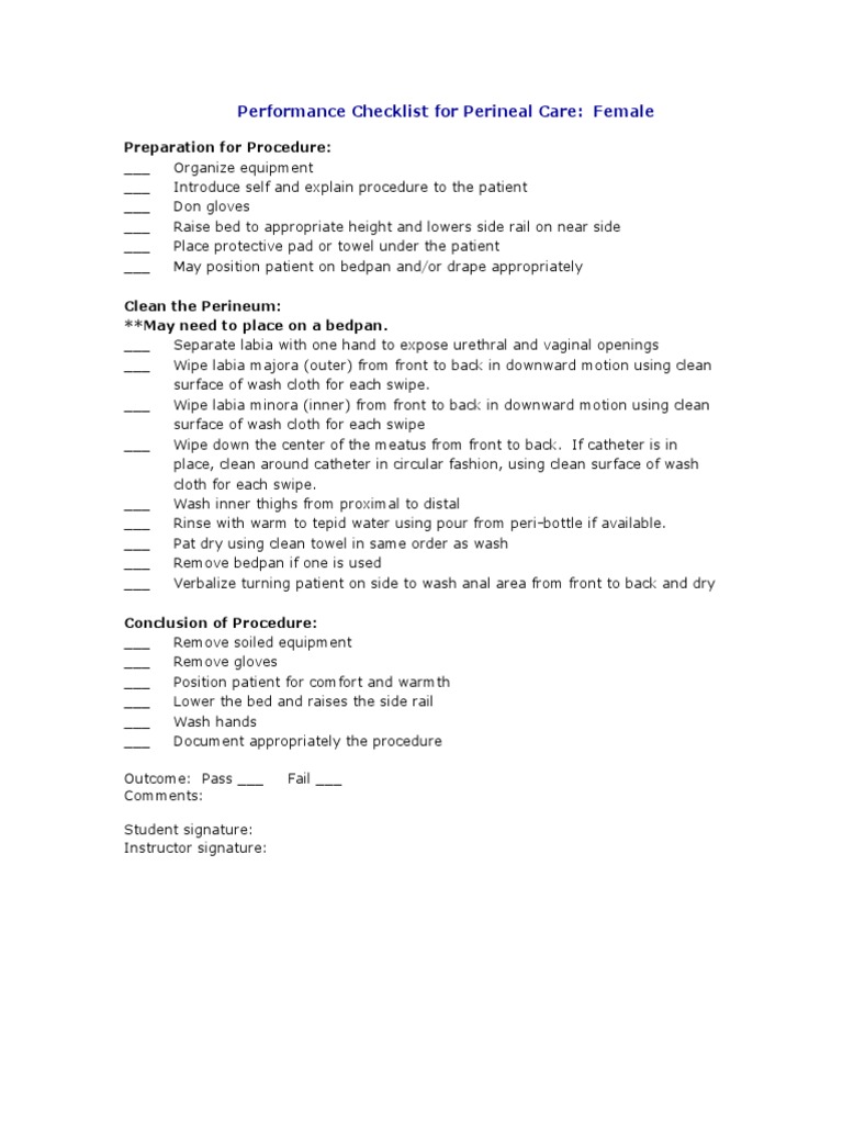 Female Perineal Care Procedure Checklist | PDF