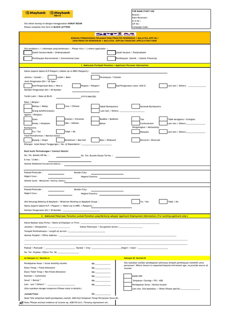 Skim Prihatin Pendidikan 1 Malaysia (Spp1M) Financing Application Form ...