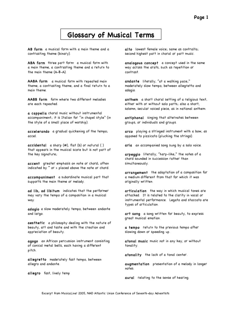 Glossary Musical Terms NAD Musical Conference | PDF | String ...