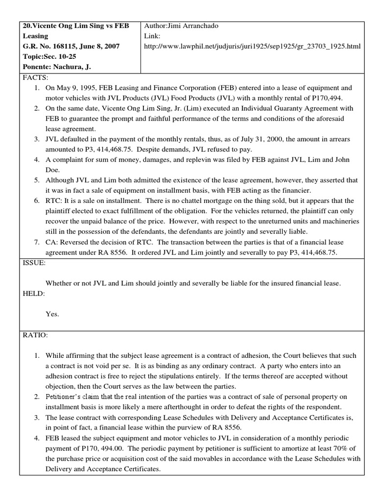 Vicente Ong Lim Sing vs FEB Leasing Case | PDF | Lease | Insurance