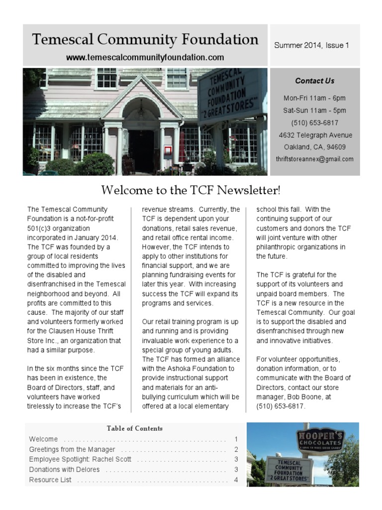 Temescal Community Foundation Newsletter-Summer 2014 | PDF | Retail ...