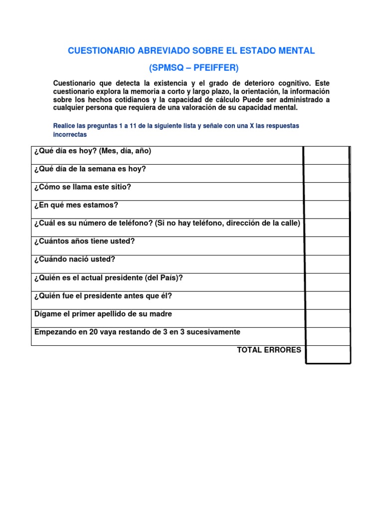 Cuestionario SPMSQ Pfeiffer | PDF