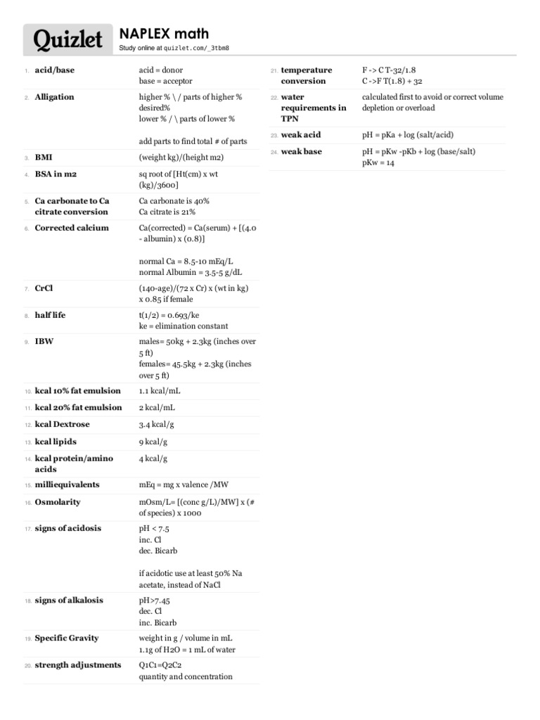 Naplex- Math Formulas 2