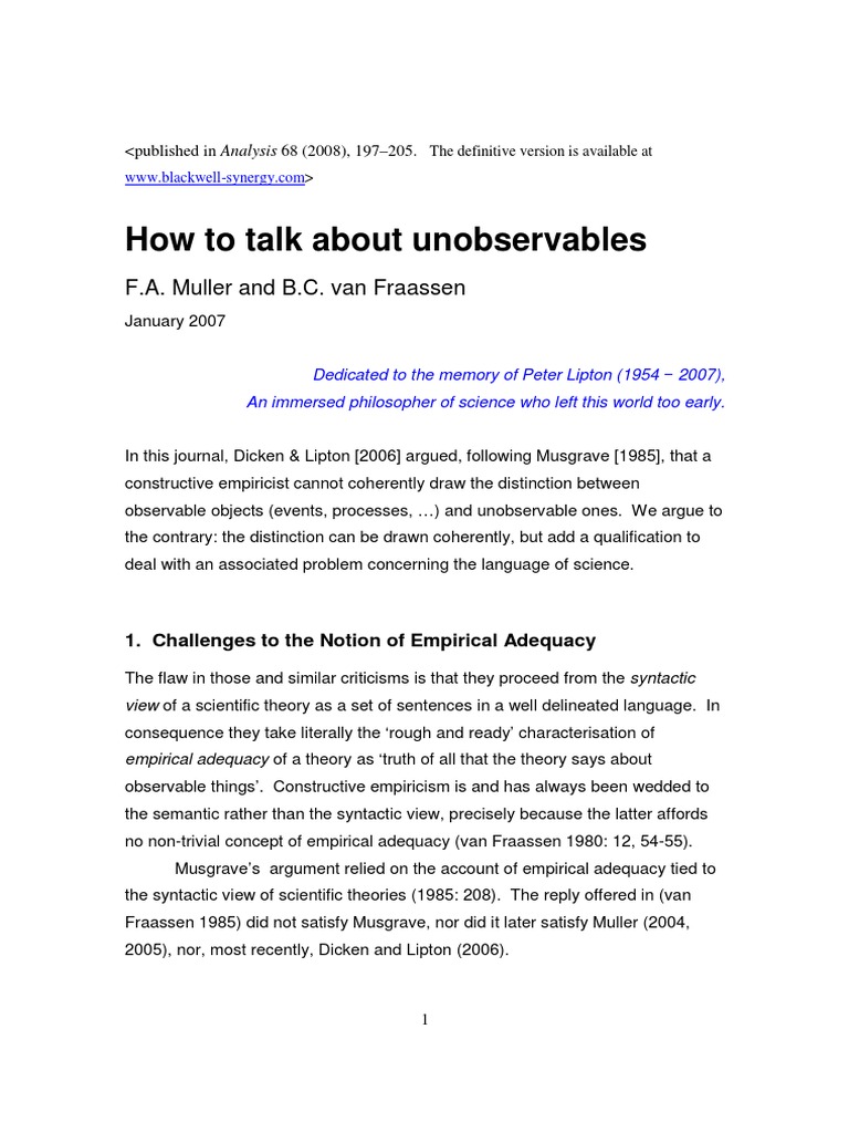 How To Talk About Unobservables: F.A. Muller and B.C. Van Fraassen ...