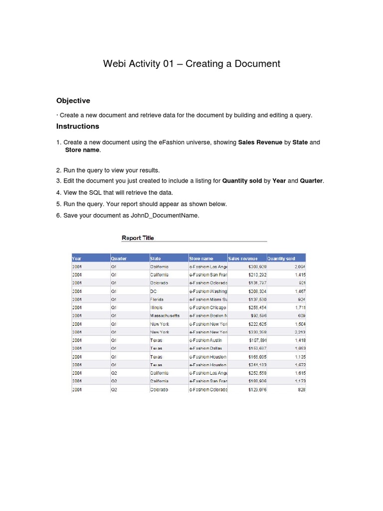 Webi Activity 01 - Creating A Document | PDF