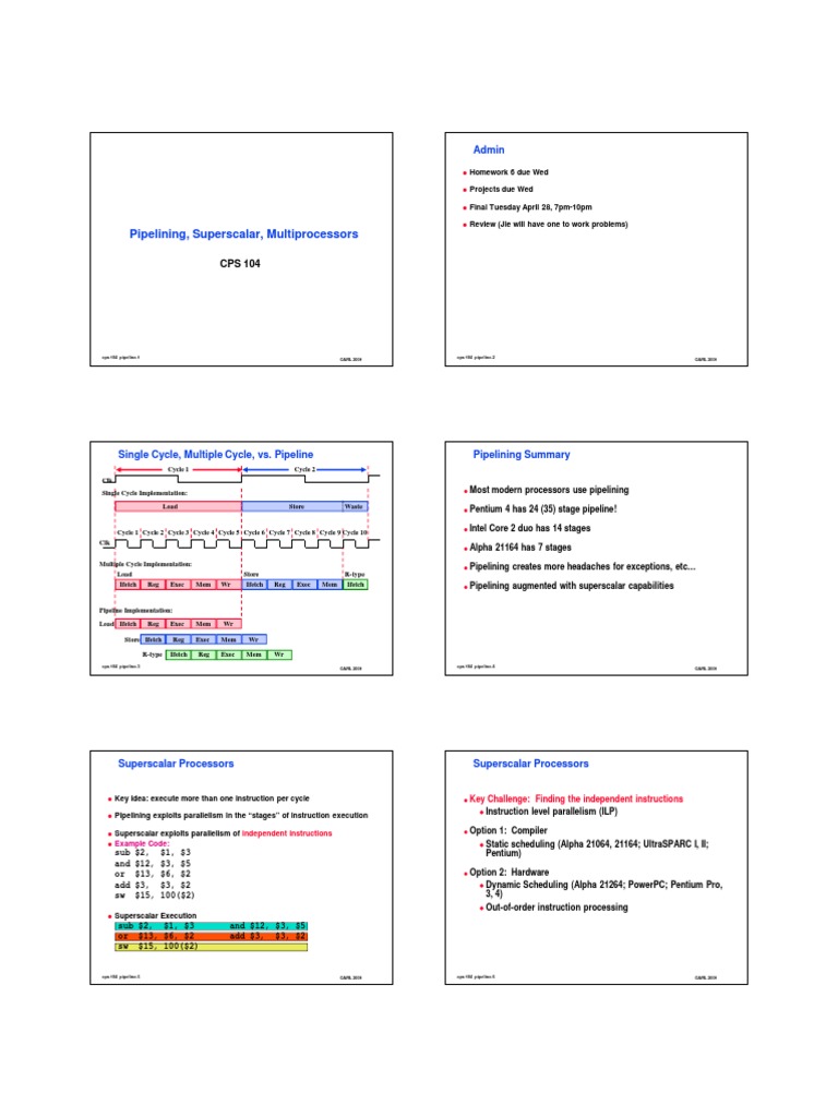 Pipelining, Superscalar, Multiprocessors: Admin | PDF | Parallel Computing | Central Processing Unit