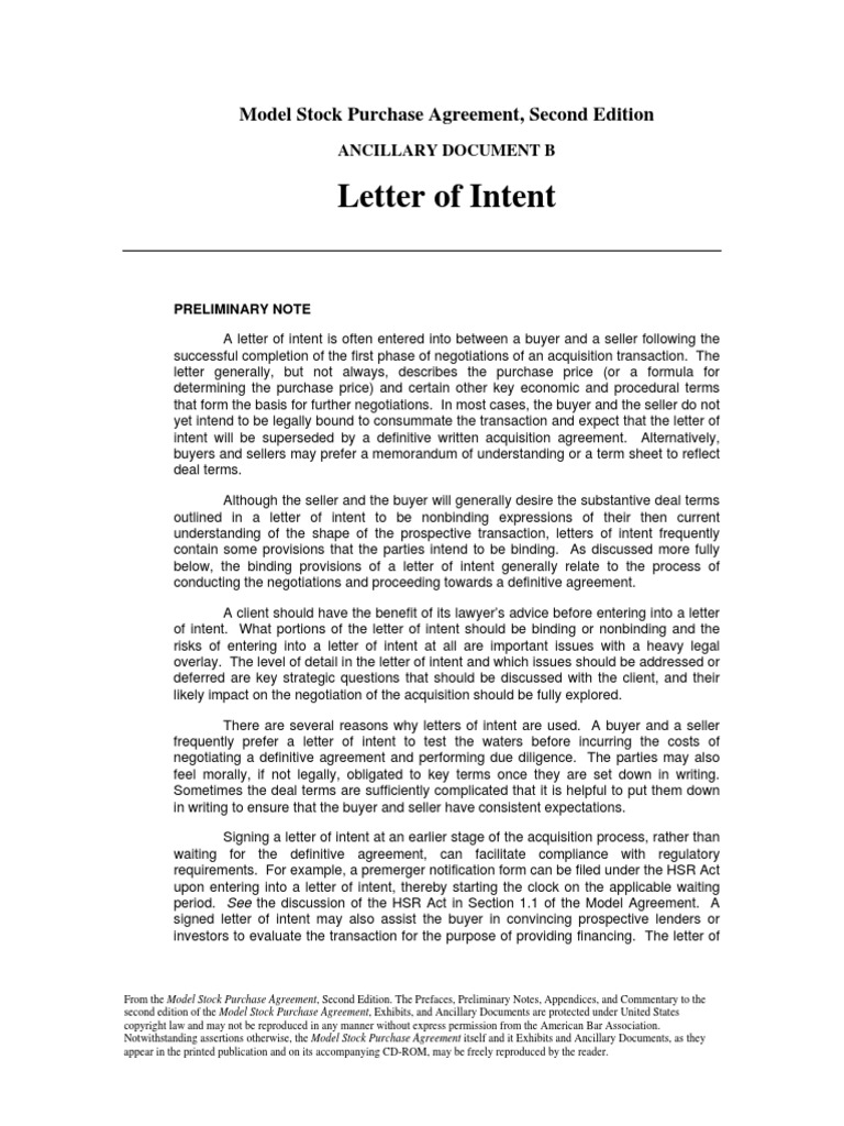 Letter of Intent: Model Stock Purchase Agreement, Second Edition | PDF ...