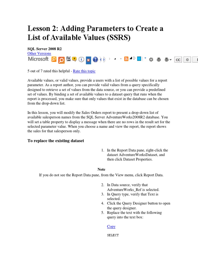 Lesson 2 Adding Parameters To Create A List Of Available Values Pdf Microsoft Sql Server 5471