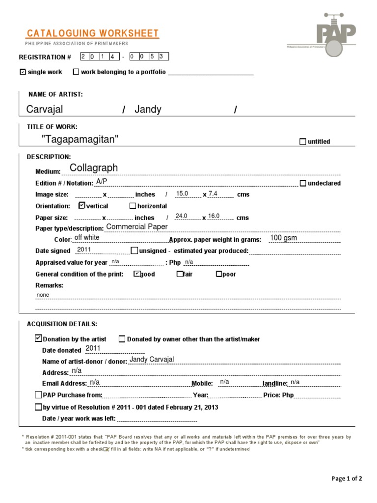 Carvajal Jandy: Cataloguing Worksheet Cataloguing Worksheet | PDF