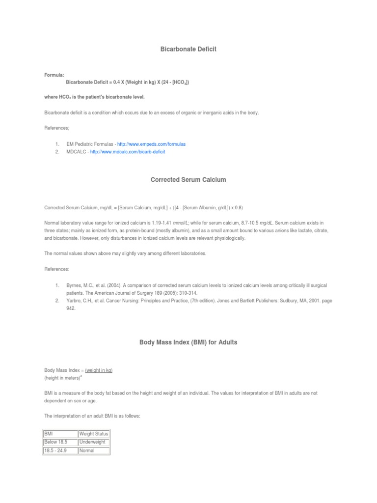 Bicarbonate Deficit, Corrected Calcium, BMI, Lean Body Weight & pH ...