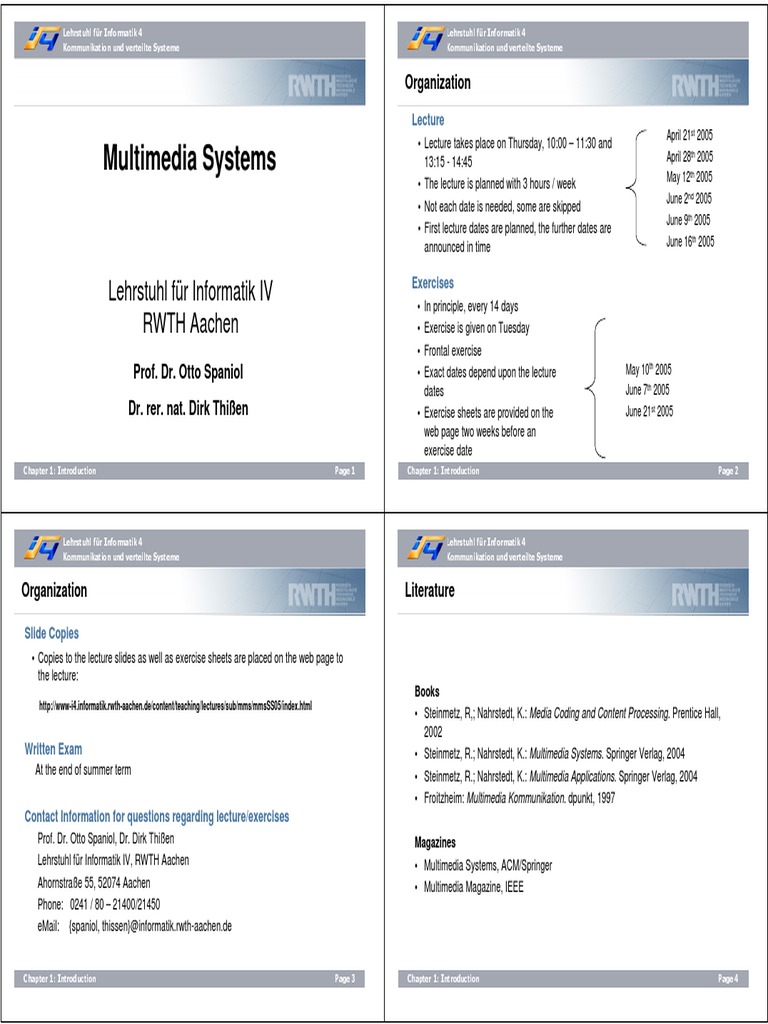 Multimedia Systems: Lehrstuhl Für Informatik IV RWTH Aachen | PDF | Video | Multimedia