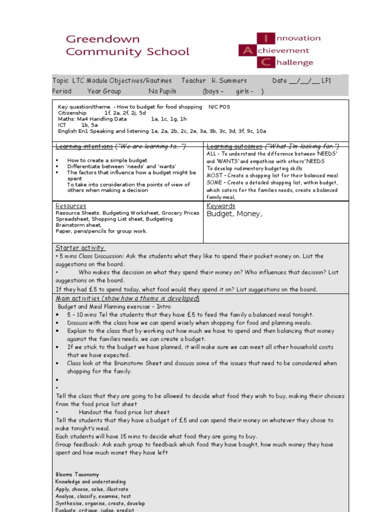 Year 7 Budgeting and Meal Planning Lesson Plan | PDF | Communication ...