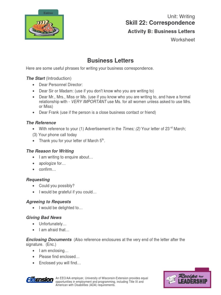 Skill 22: Correspondence: Activity B: Business Letters | PDF