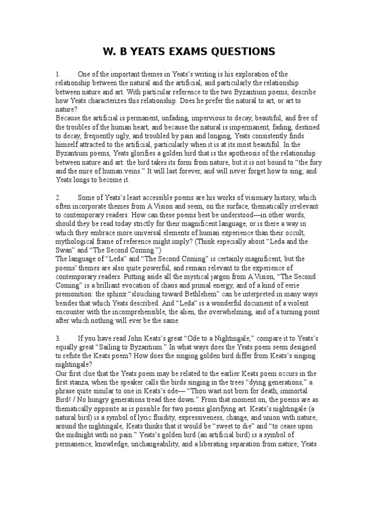 Yeats Exam Questions Overview | PDF | W. B. Yeats | Poetry