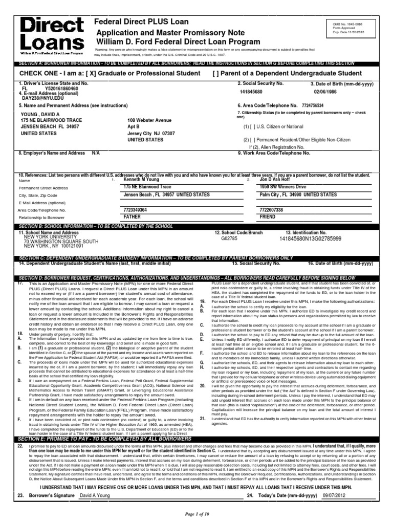 Federal Direct PLUS Loan Application and Master Promissory Note William D. Ford Federal Direct ...