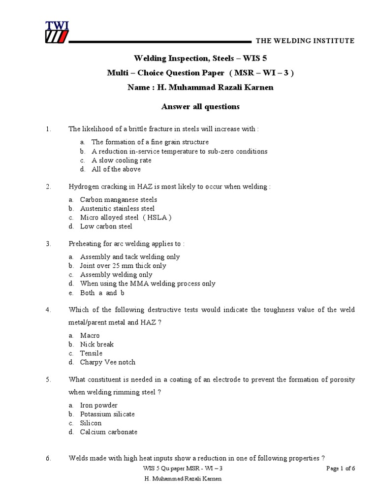 Multi Choice Question Paper (MSR - WI - 3) | PDF | Welding | Construction