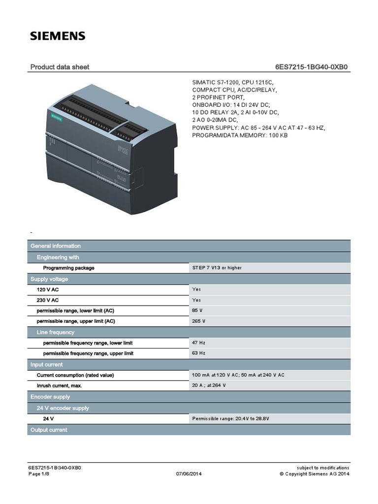Data Sheet S7 1200 | PDF | Electromagnetic Interference | Relay