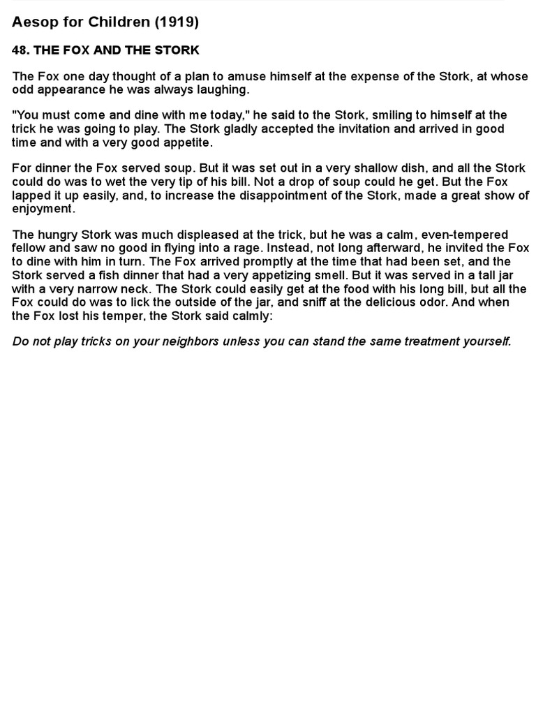 The Fox and The Stork (Aesop For Children, 1919) | Download Free PDF ...