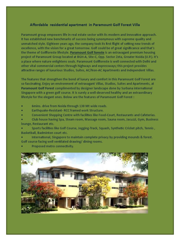 Affordable Residential Apartment in Paramount Golf Forest Villa | PDF ...