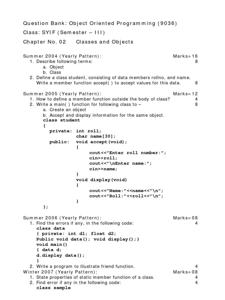 Oop Qb Chapter 02 Pdf Class Computer Programming Method