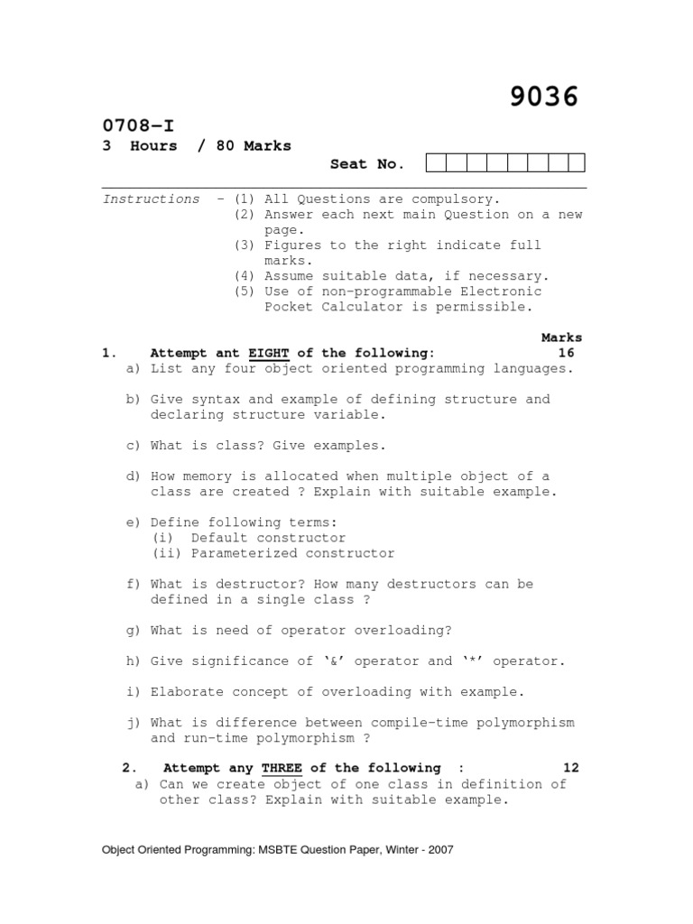 Oop Msbte Question Paper Winter 2007 Pdf Class Computer Programming Subroutine