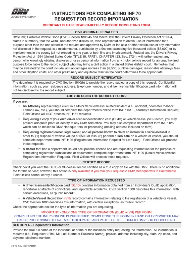 DMV Form Inf70 | PDF | Department Of Motor Vehicles | Identity Document