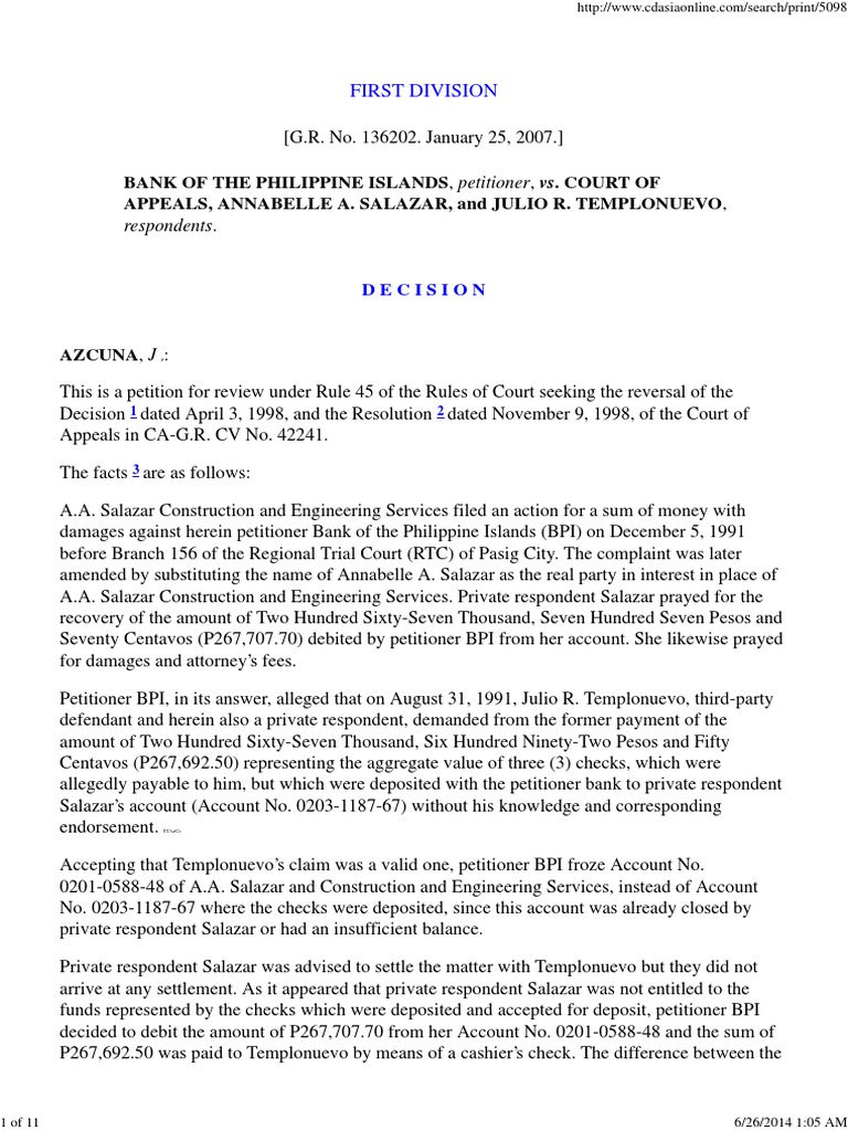 BPI Vs CA - GR 136202 | PDF | Negotiable Instrument | Cheque