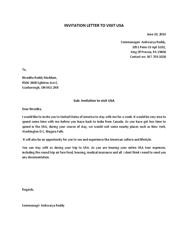 Invitation Letter To Visit Usa | PDF